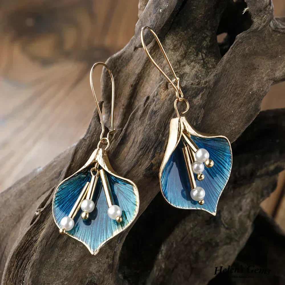 Gold Blue Lily Drop Earrings with Pearls – JANE, JOAN & JUDY